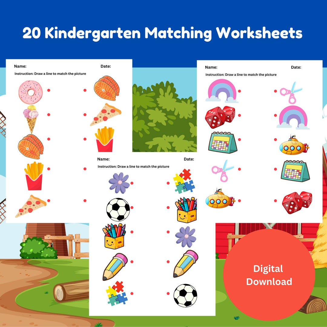 20 Kindergarten Matching Worksheets Set, Learning Printable Bundle ...