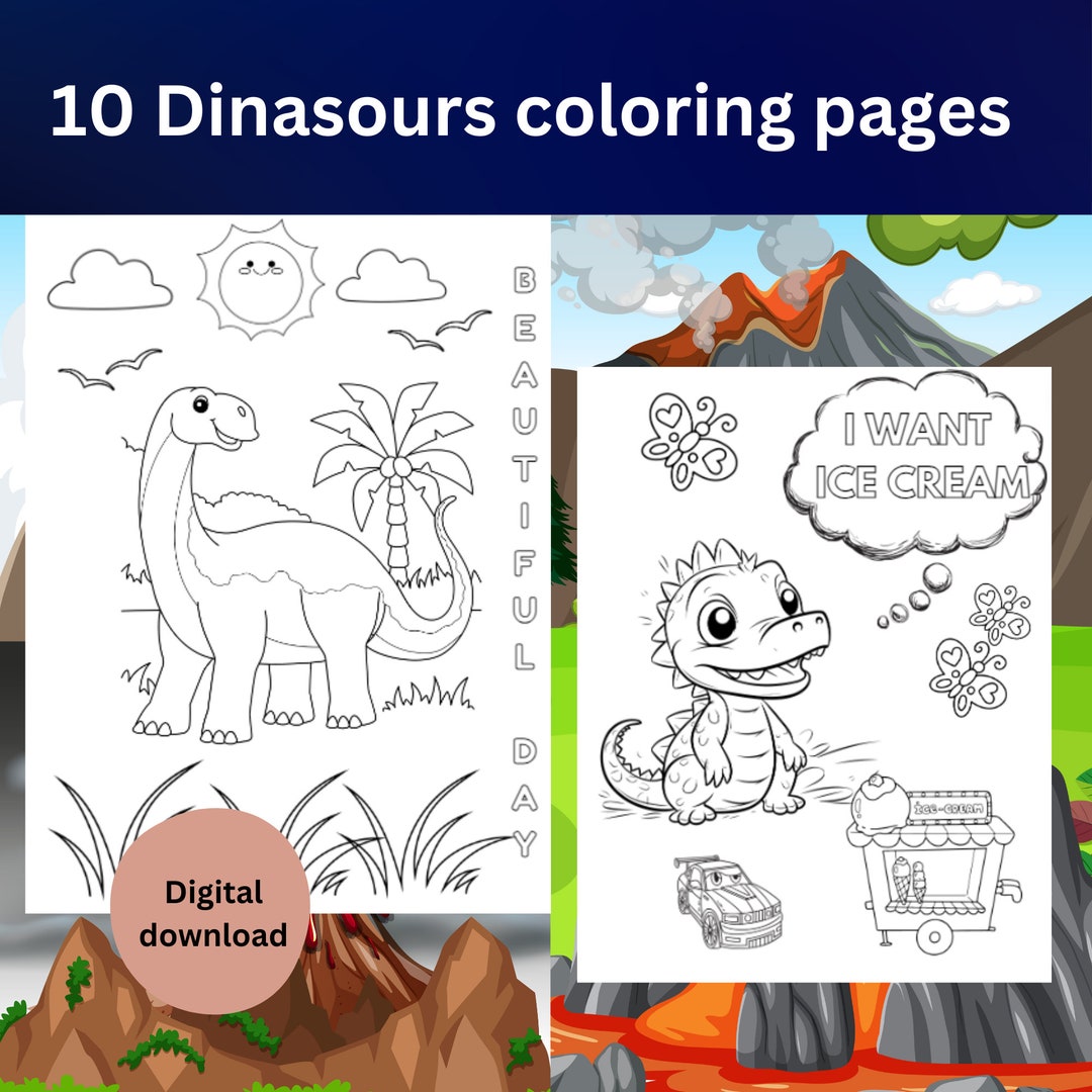 10 Dinosaurs Coloring Pages, Cute Coloring Book, Toddler Coloring Book ...