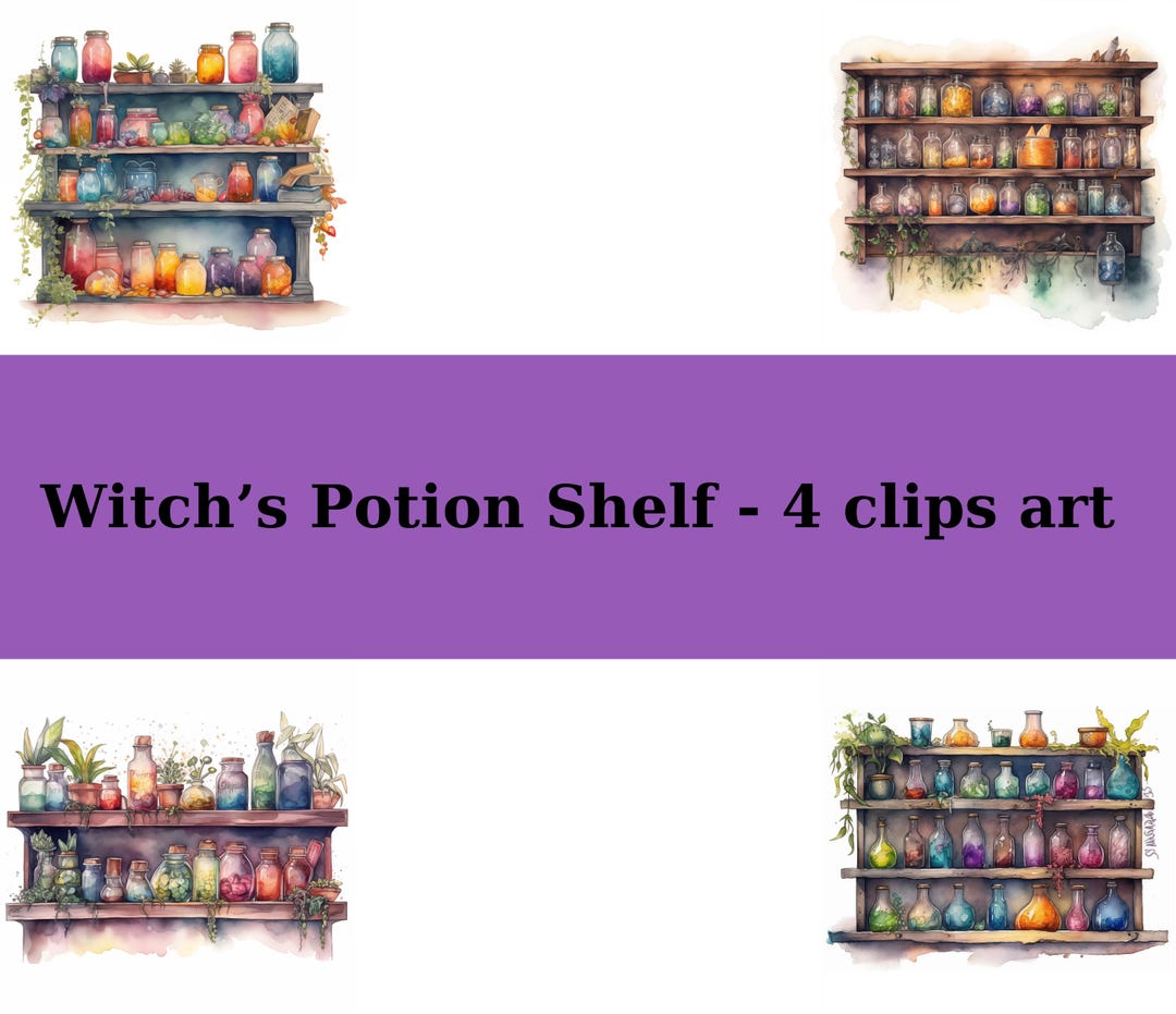 Witch's Potion Shelf Cliparts, 4 High Quality Pngs, Watercolor Art ...