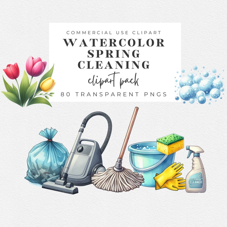 Watercolor Spring Cleaning Clipart Pack High Resolution Household ...