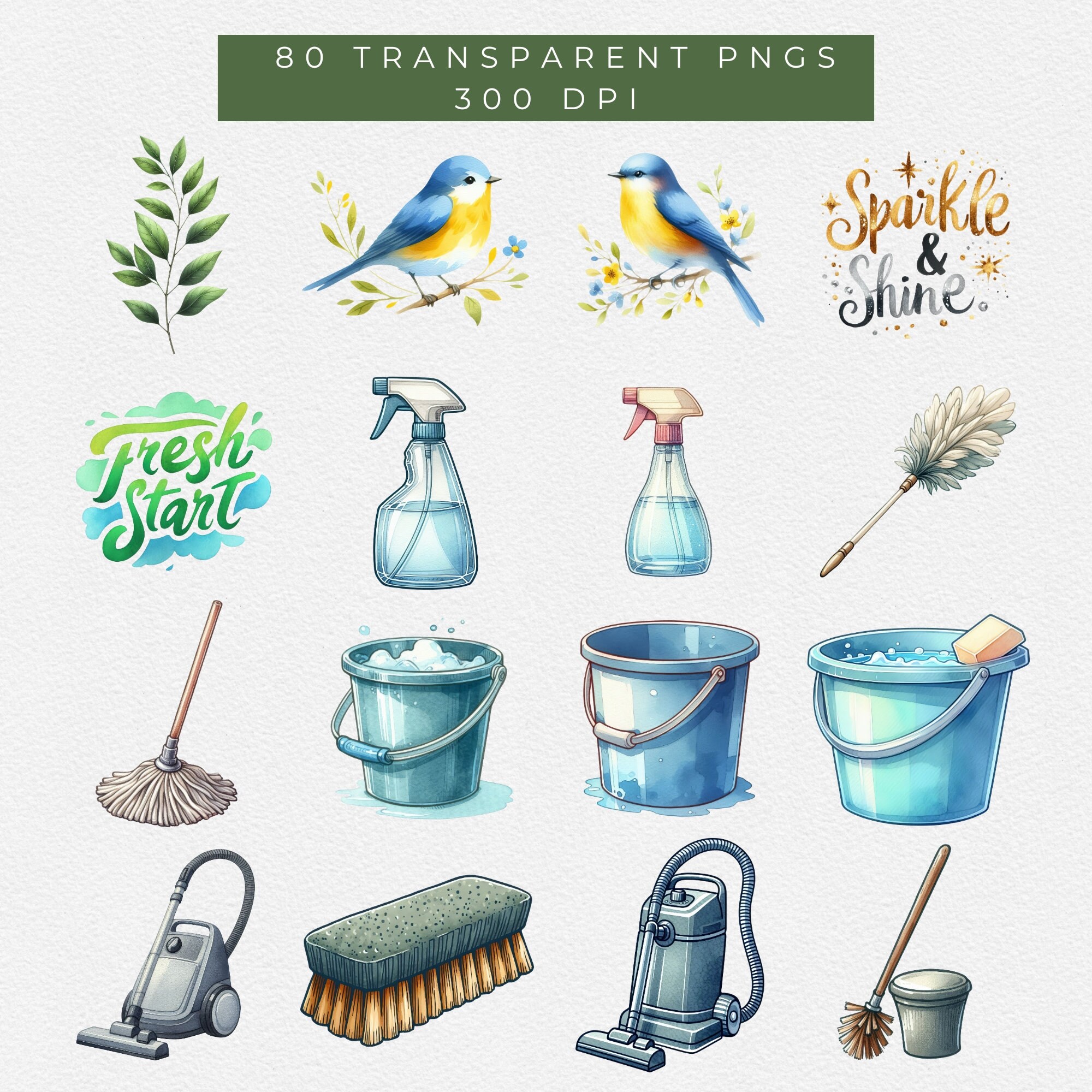 Watercolor Spring Cleaning Clipart Pack High Resolution Household ...
