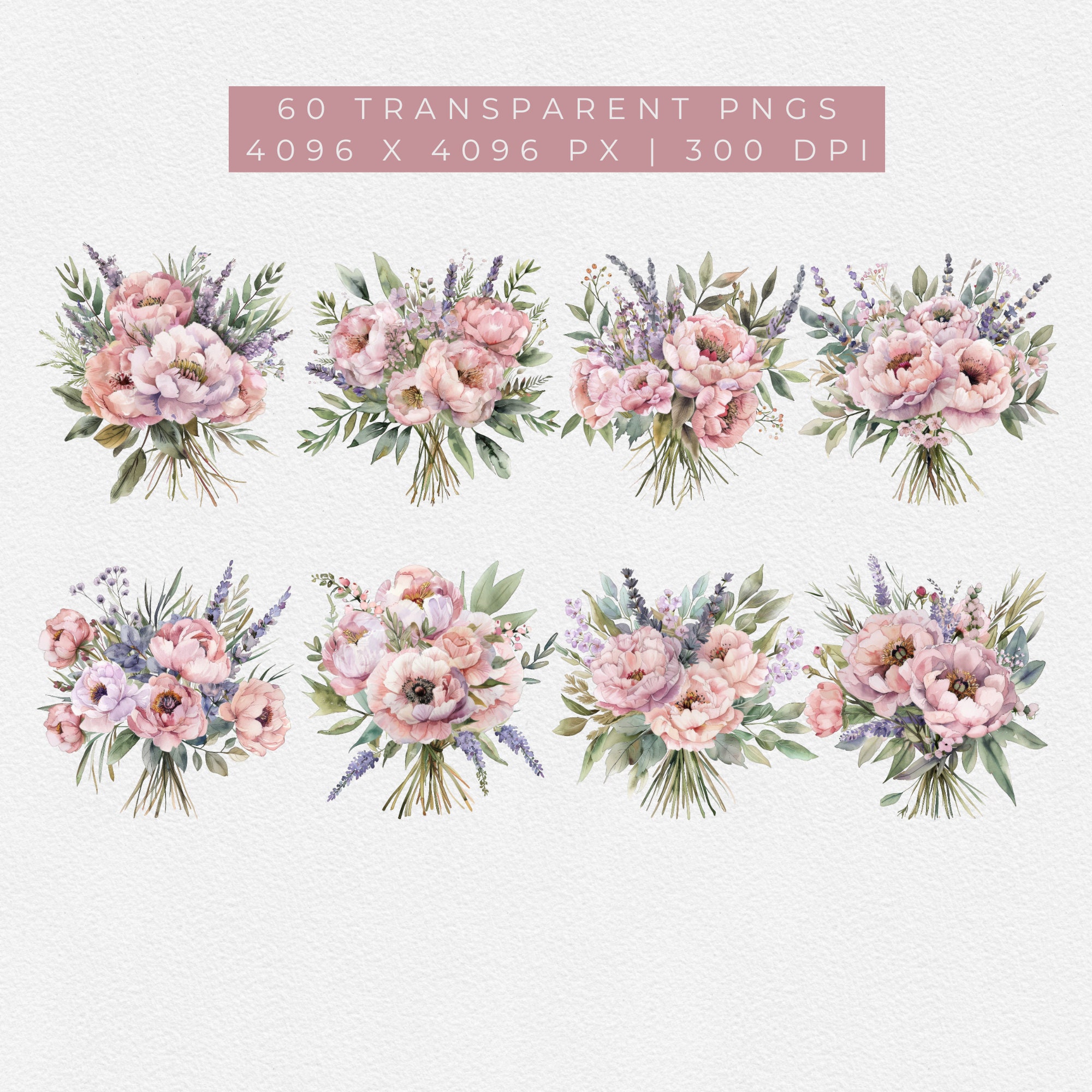 Peony Clipart Pack - Watercolor Floral PNG, Digital Peony Bouquet ...