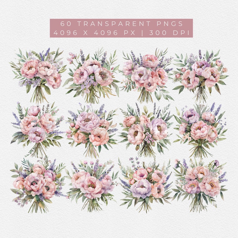 Peony Clipart Pack - Watercolor Floral PNG, Digital Peony Bouquet ...