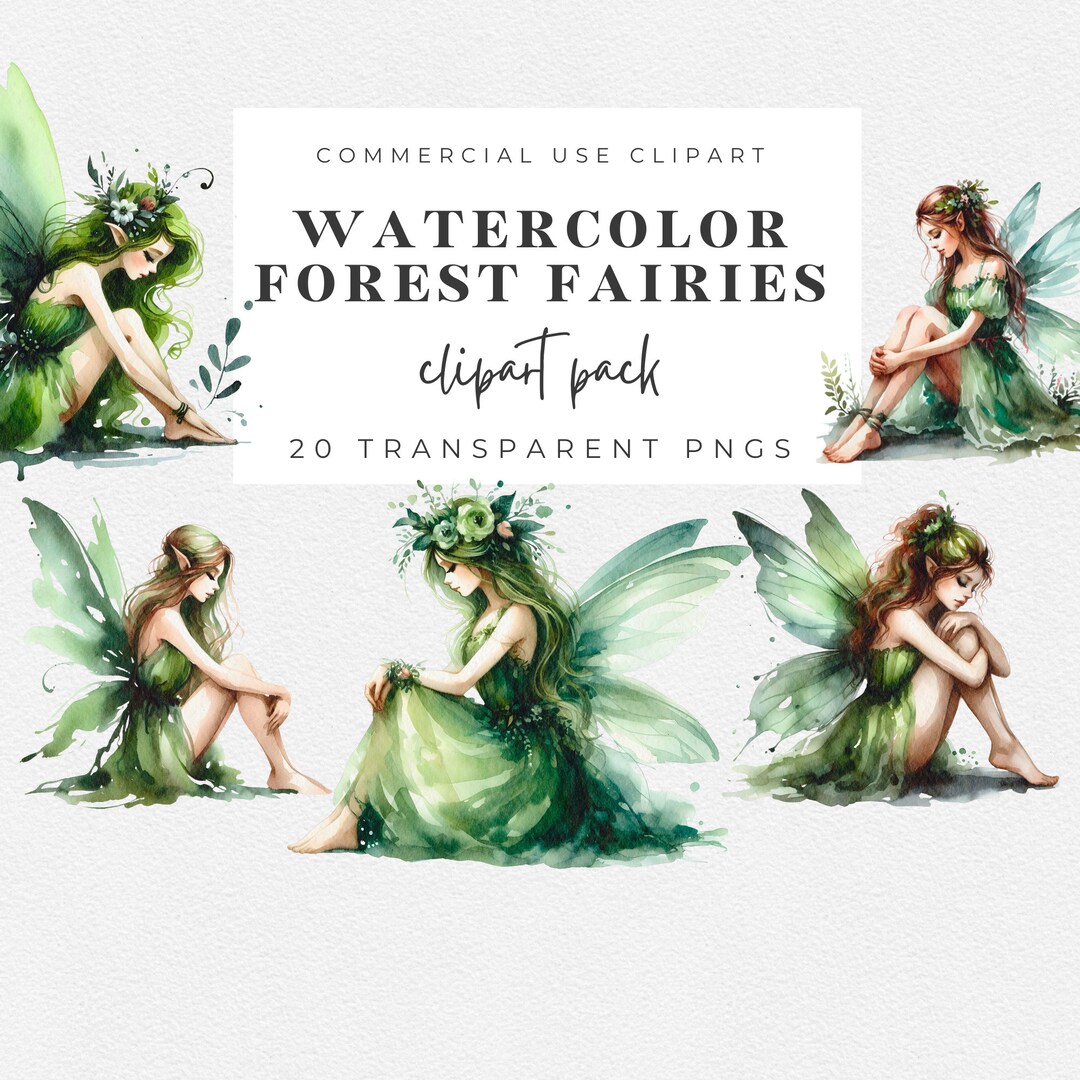 Watercolor Forest Fairies Clipart Pack Enchanted Woodland Fairy Pngs ...