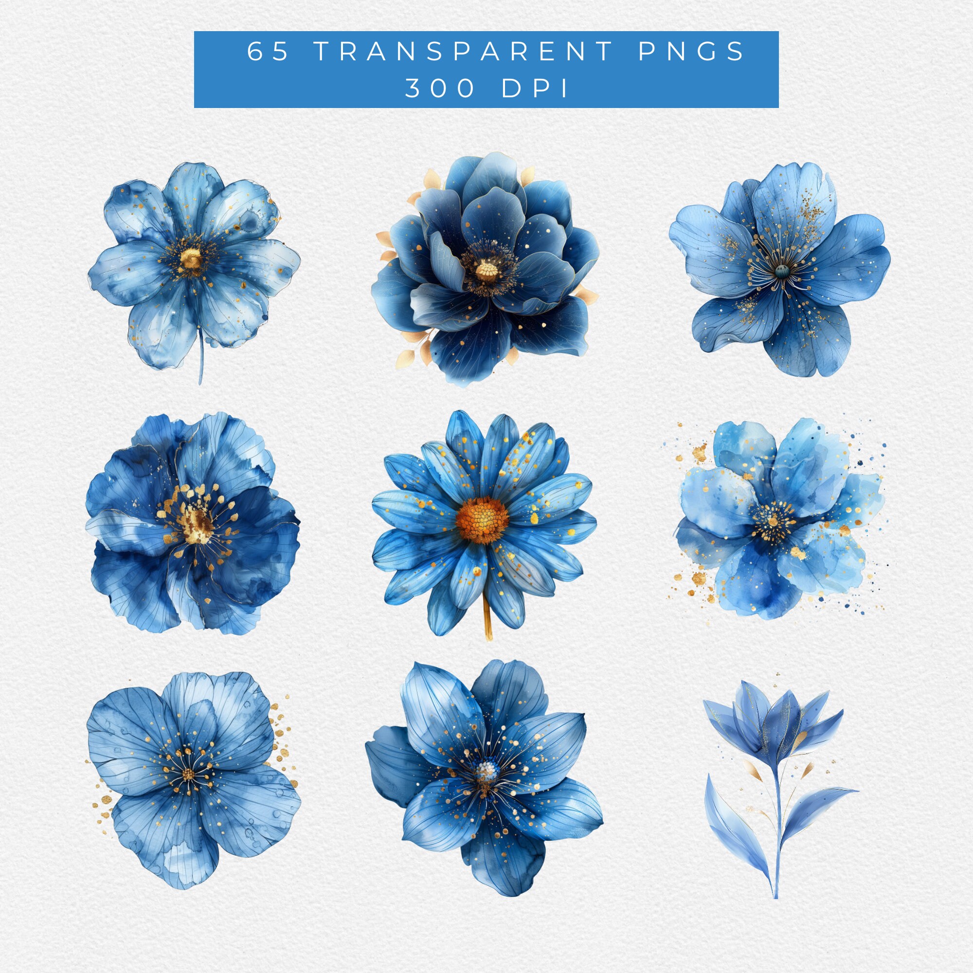 Watercolor Blue Blossoms Clipart Pack - Indigo Flower Illustrations, 65 ...