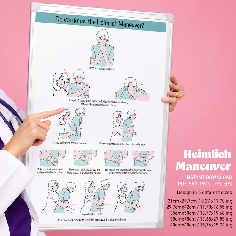 Heimlich Maneuver and Medical Alert Poster, Emergency Guide for Nursing ...