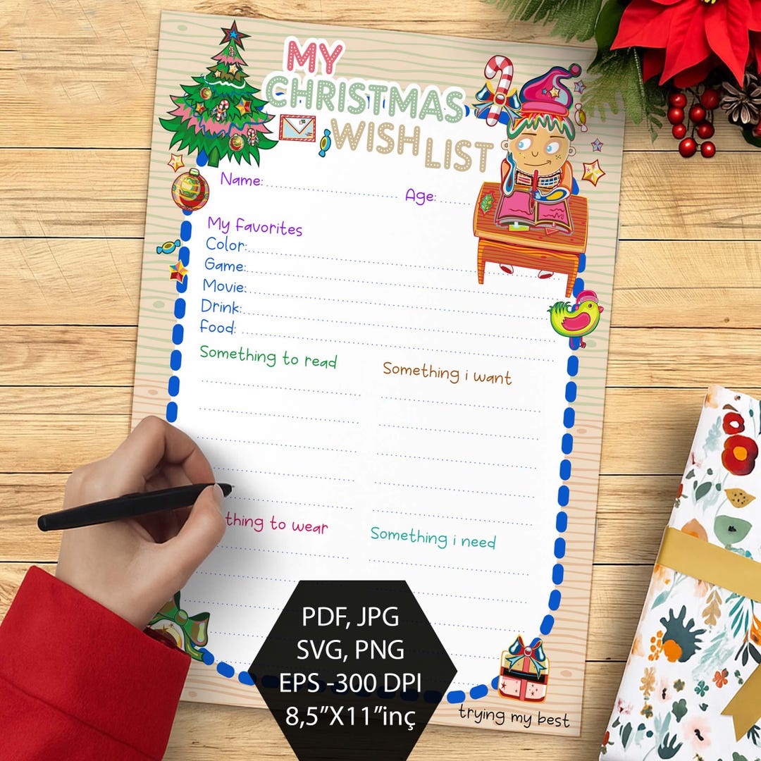 Printable Two Page Gift Wish List, Kids Christmas Wish List, Children's ...