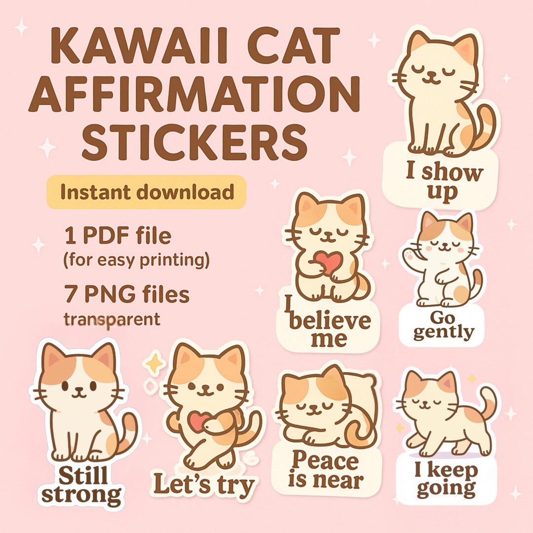 Kawaii Cat Affirmation Stickers PNG | Cute Printable Positive Quotes ...