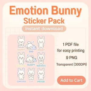 Printable Bunny Feelings Chart – Kawaii Rabbit Emotion Stickers (PNG ...