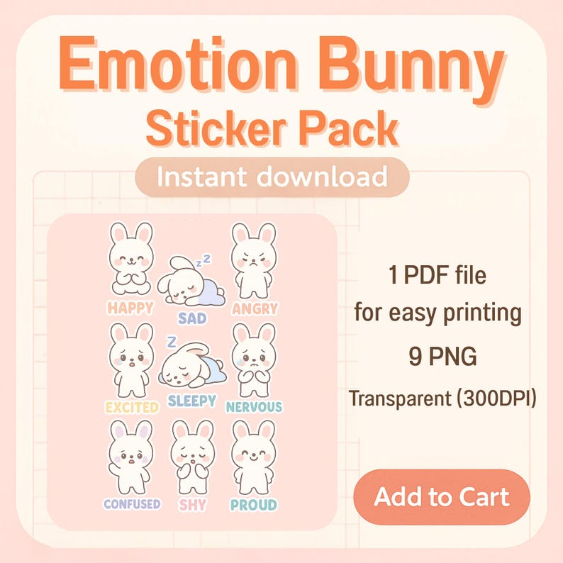Printable Bunny Feelings Chart – Kawaii Rabbit Emotion Stickers (PNG ...