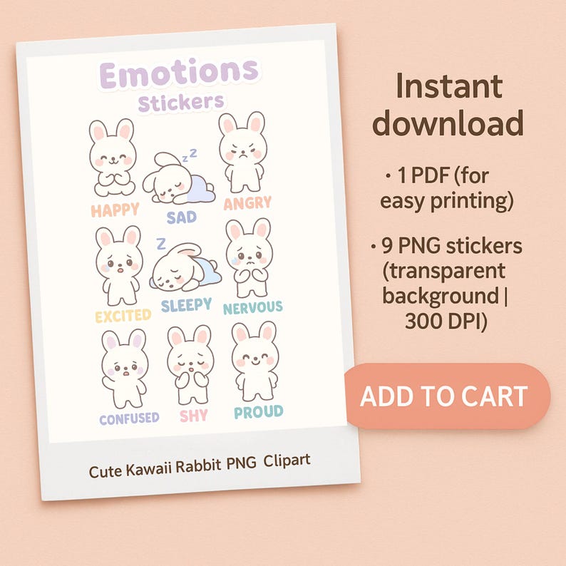 Printable Bunny Feelings Chart – Kawaii Rabbit Emotion Stickers (PNG ...