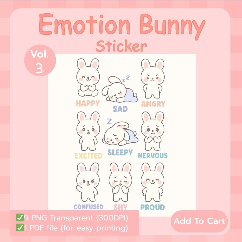 Printable Bunny Feelings Chart – Kawaii Rabbit Emotion Stickers (PNG ...