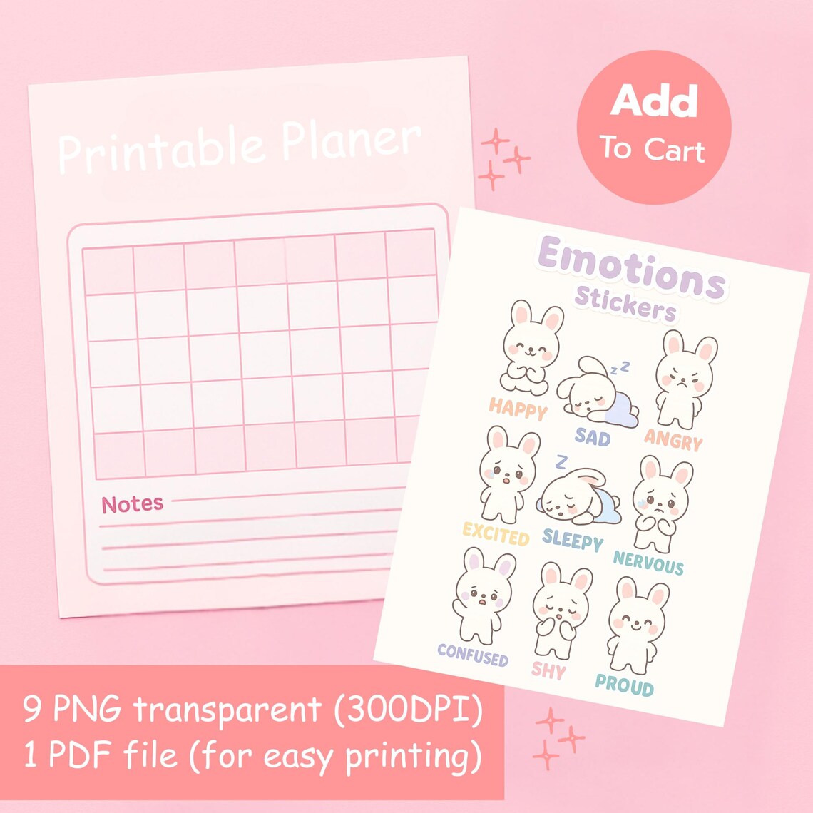 Printable Bunny Feelings Chart – Kawaii Rabbit Emotion Stickers (PNG ...