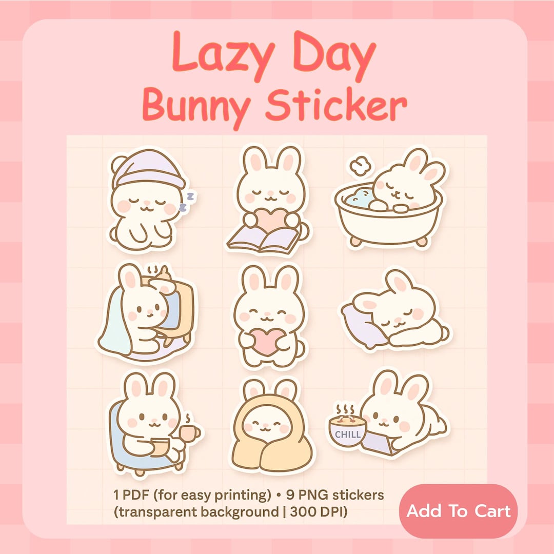 Cozy Bunny Self-care Stickers – Digital Planner Clipart for Lazy Days ...