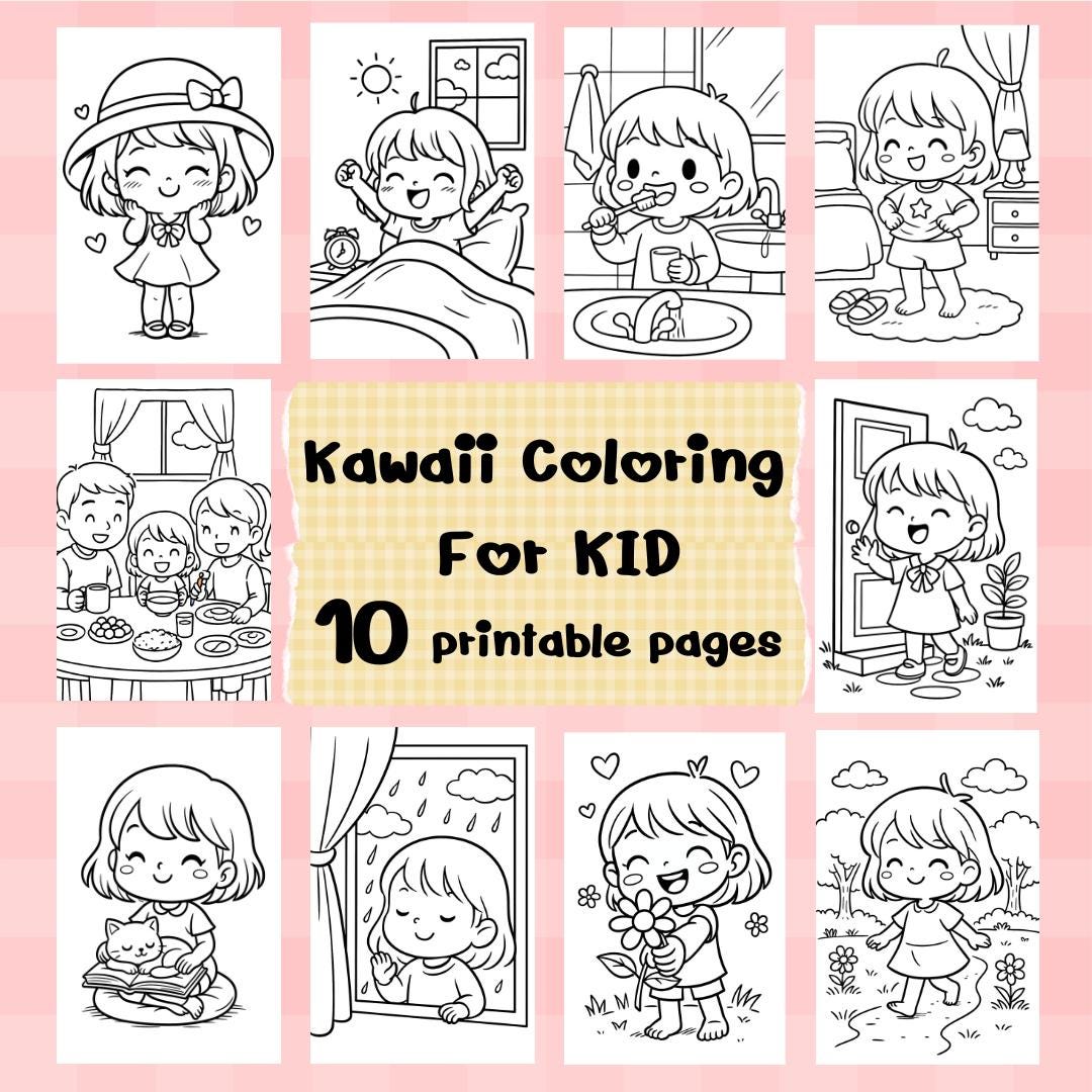 Daily Routine Coloring Pages for Kids – Cute Girl Morning to Night ...