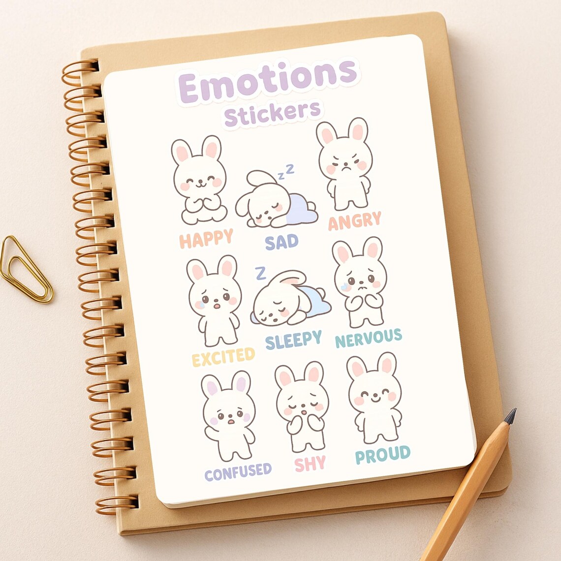 Printable Bunny Feelings Chart – Kawaii Rabbit Emotion Stickers (PNG ...