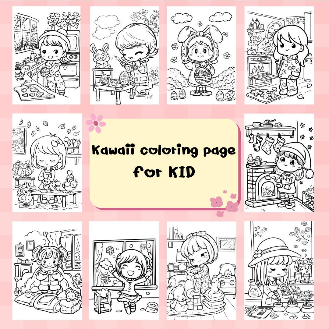 Kawaii Girls Coloring Pages | Cute Kids Holiday Activity | Cozy Pajamas ...