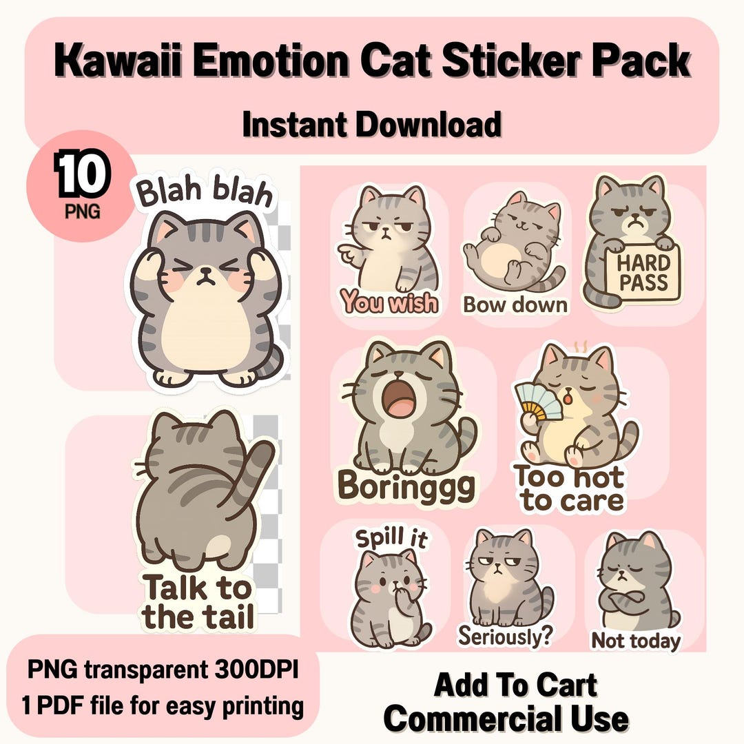 Kawaii Emotion Cat Sticker Pack Digital Download Funny Animal Quotes ...