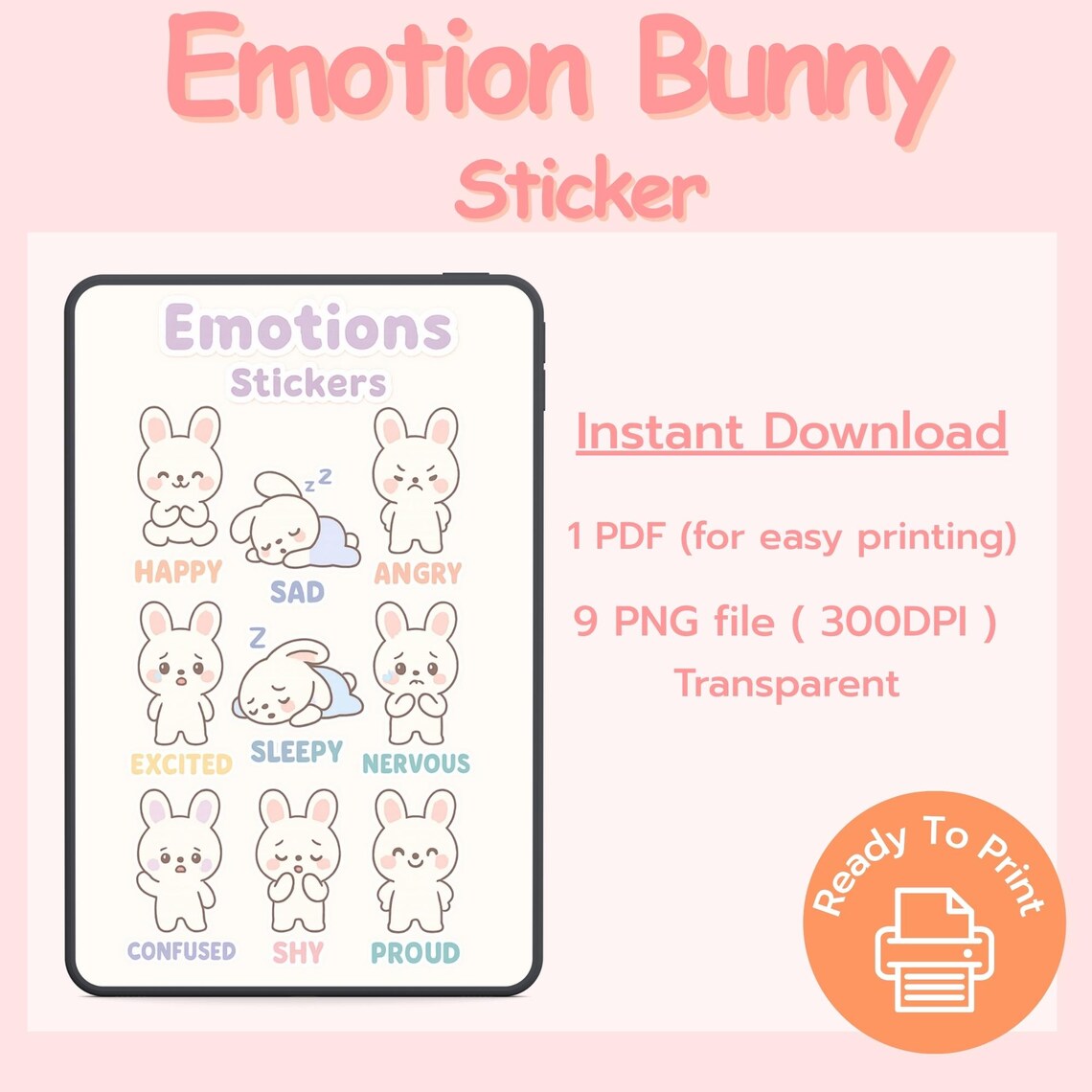 Printable Bunny Feelings Chart – Kawaii Rabbit Emotion Stickers (PNG ...