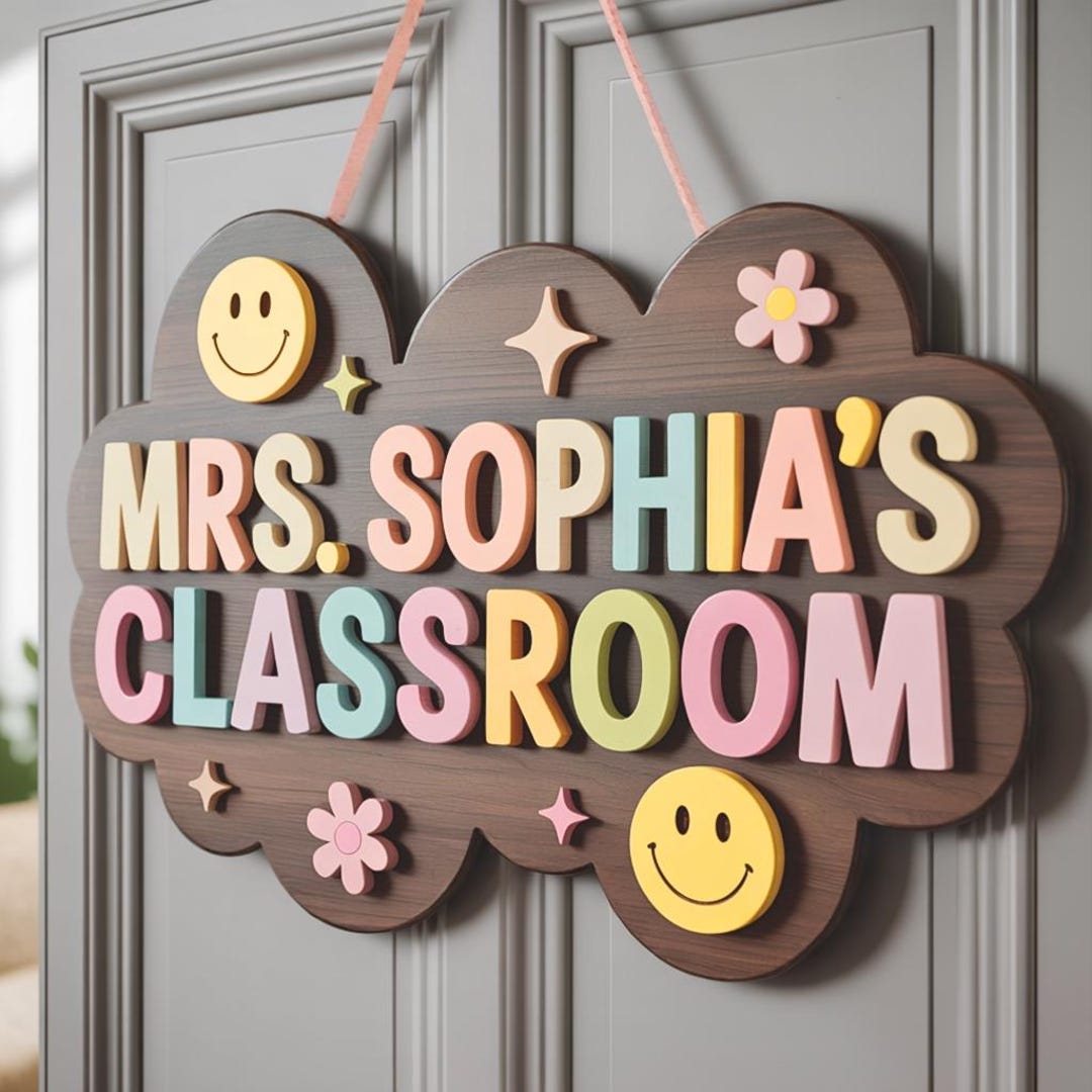 Custom Teacher 3D Wooden Door Sign, Teacher Door Hanger, Retro Smiley ...