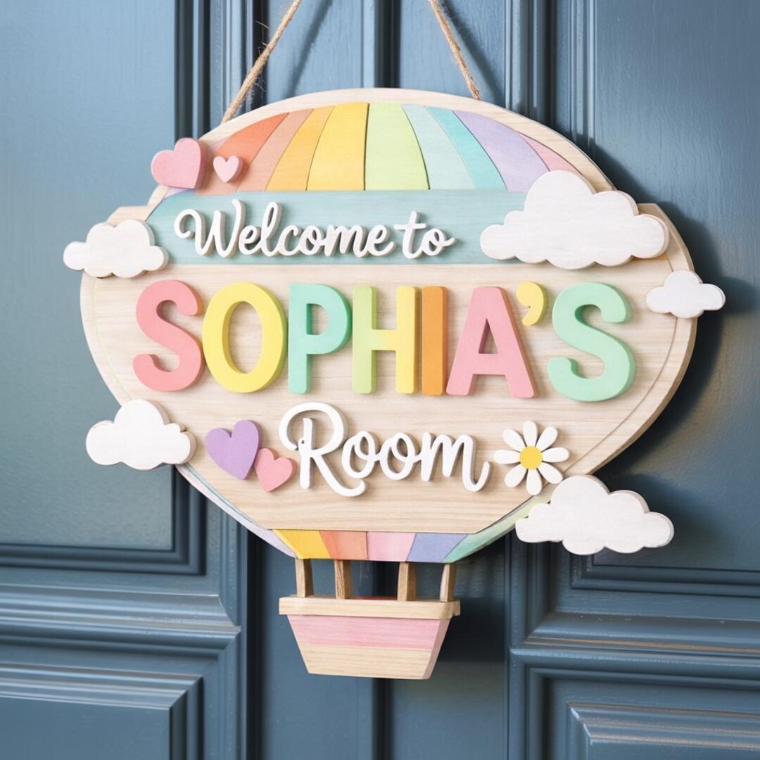 Personalized Nursery Name Sign, Hot Air Balloon Rainbow Wooden Sign ...
