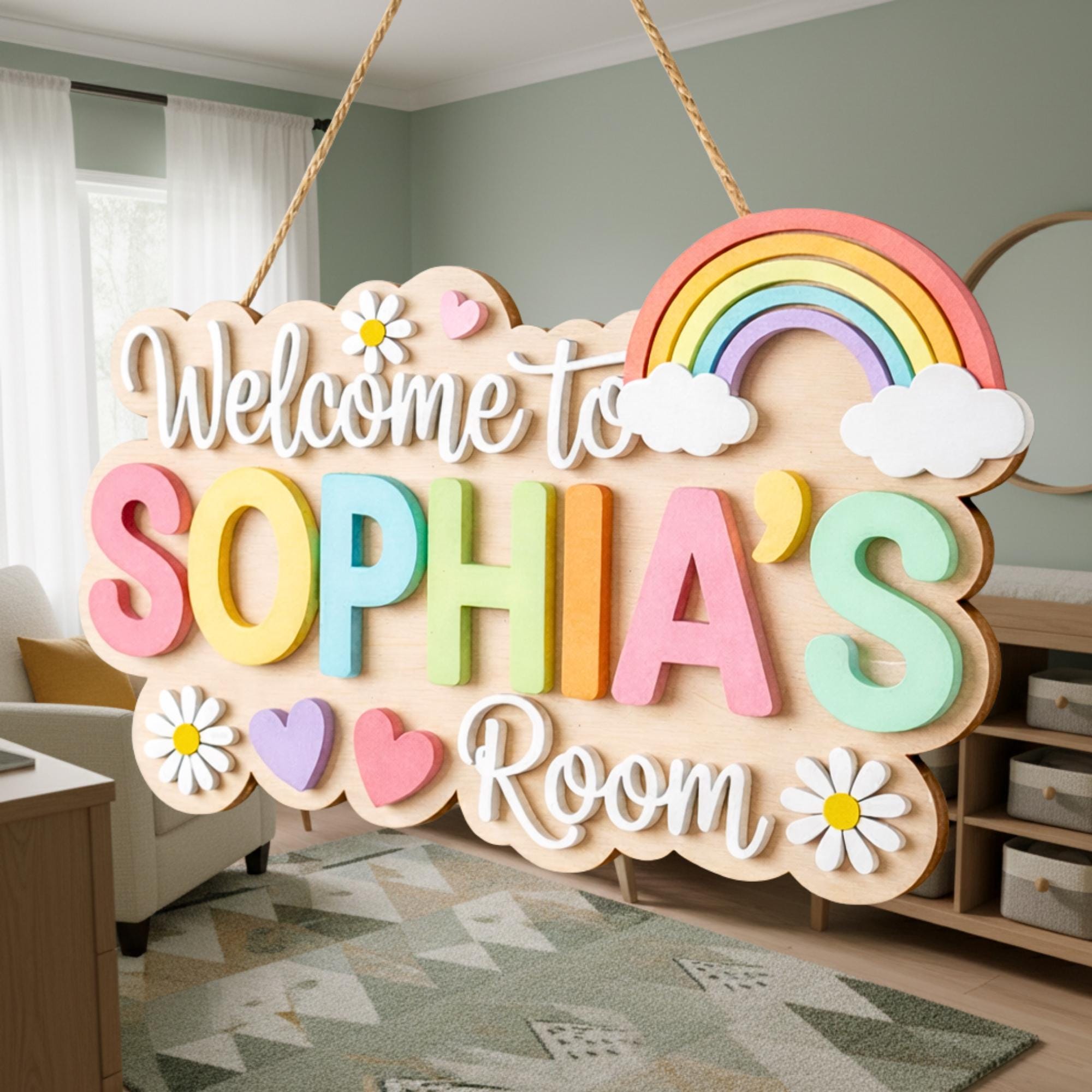 Personalized Rainbow Nursery Wooden Door Sign, Kids Room Name Sign ...