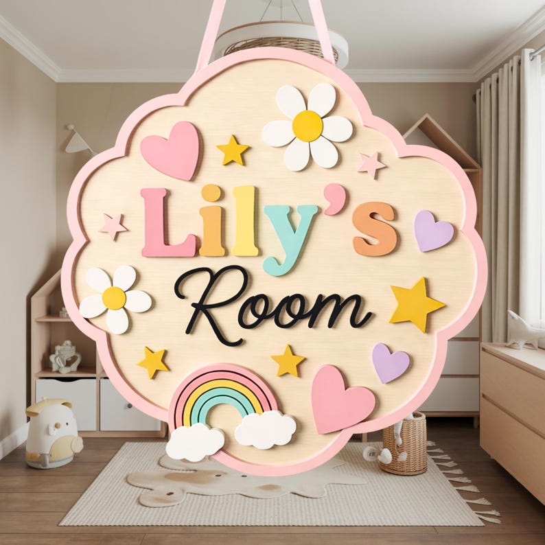 Personalized Girl Wooden Door Sign, Pastel Nursery Name Sign, Custom ...