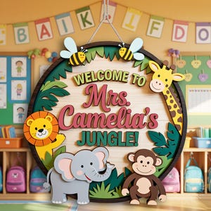 Personalized 3D Teacher Wooden Door Sign, Custom Jungle Animal ...