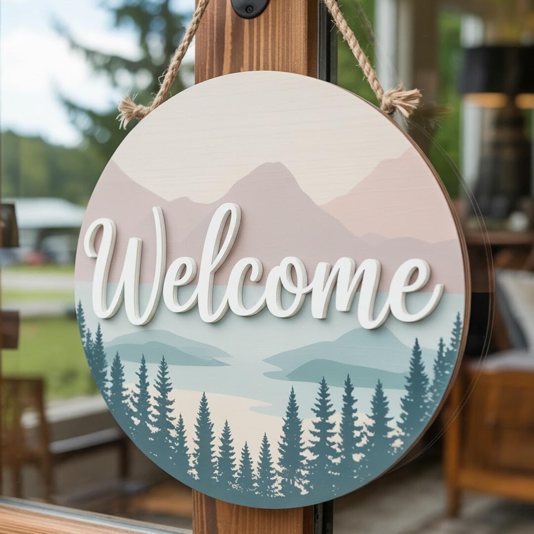 Round Welcome Door Sign, Rustic Mountain Welcome Sign, Farmhouse Front ...