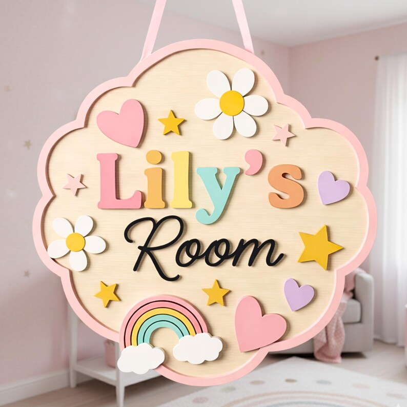 Personalized Girl Wooden Door Sign, Pastel Nursery Name Sign, Custom ...