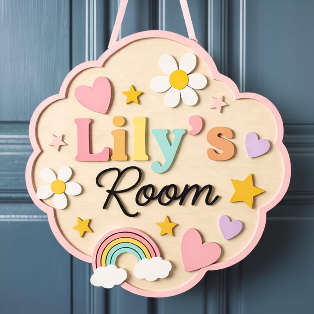 Personalized Girl Wooden Door Sign, Pastel Nursery Name Sign, Custom ...