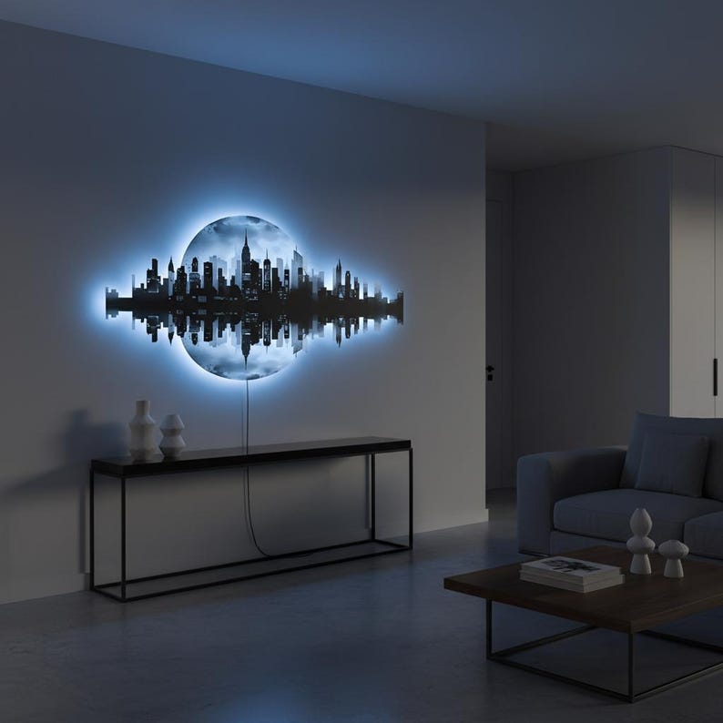 LED City Skyline Wall Art, UV Printed Modern Wall Decor, Ambient Light ...