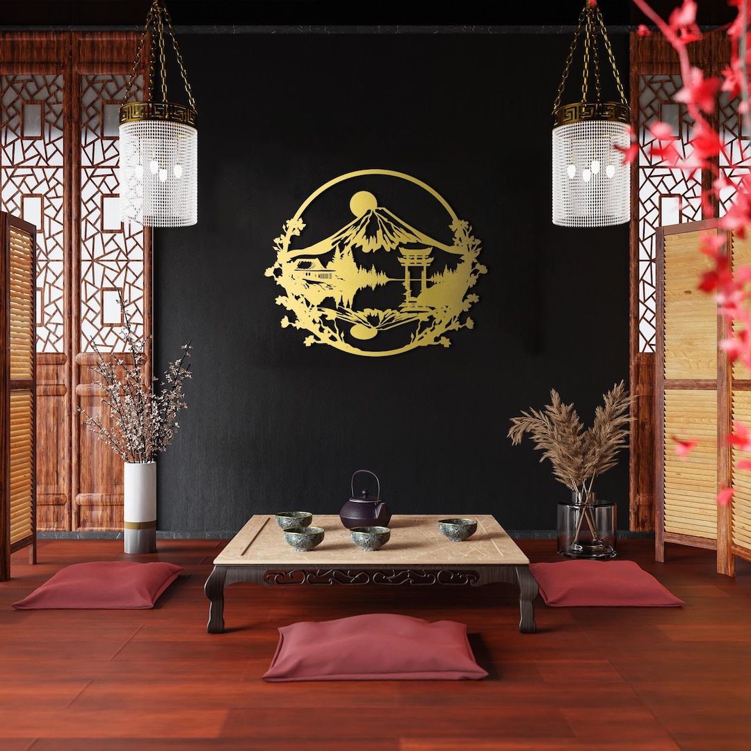Torii Gate and Mount Fuji Lake Reflection Japanese Themed Metal Decor ...