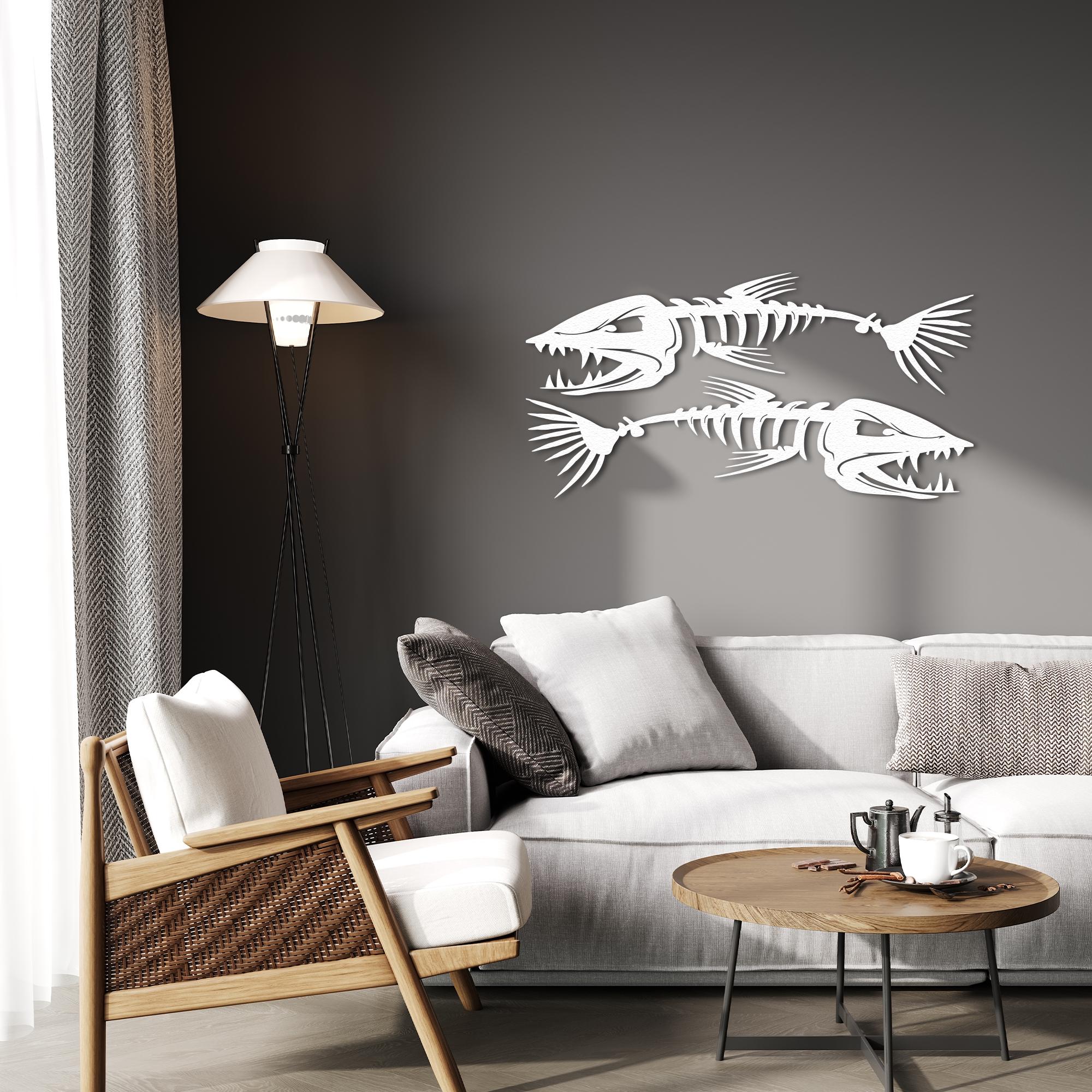 2 Fishes Skeleton Metal Wall Decor,fishbones Line Art,skeleton Fishes ...