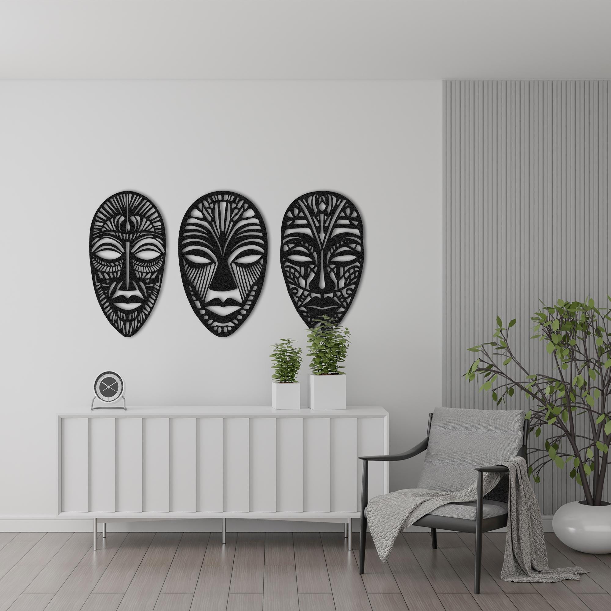 3 Panel African Mask Metal Wall Art, African Mask Wall Decor, Set of 3 ...