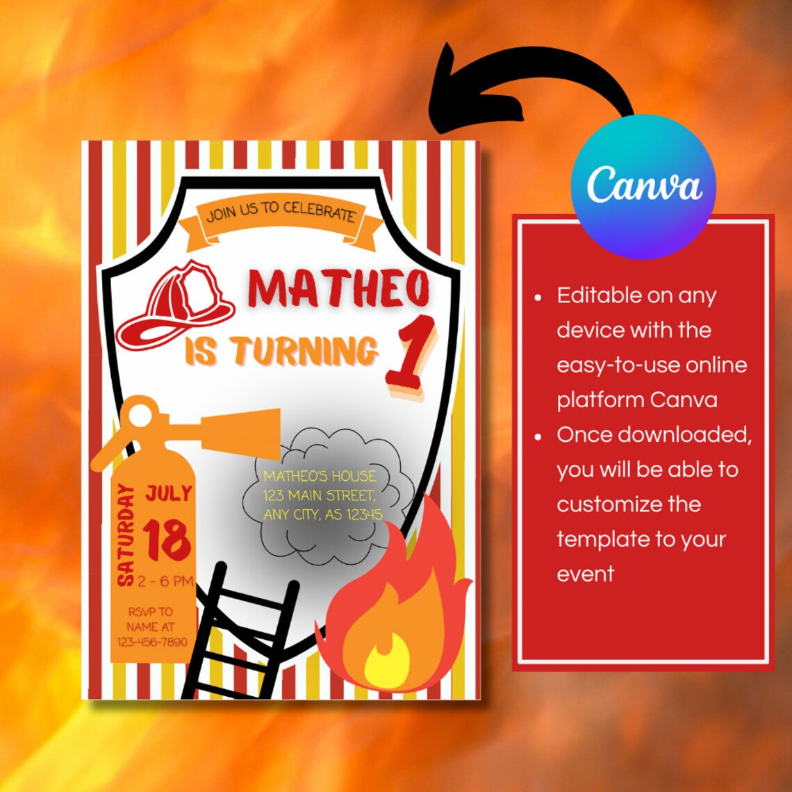 Firefighter Birthday Invitation, Digital Editable Birthday Invitation ...