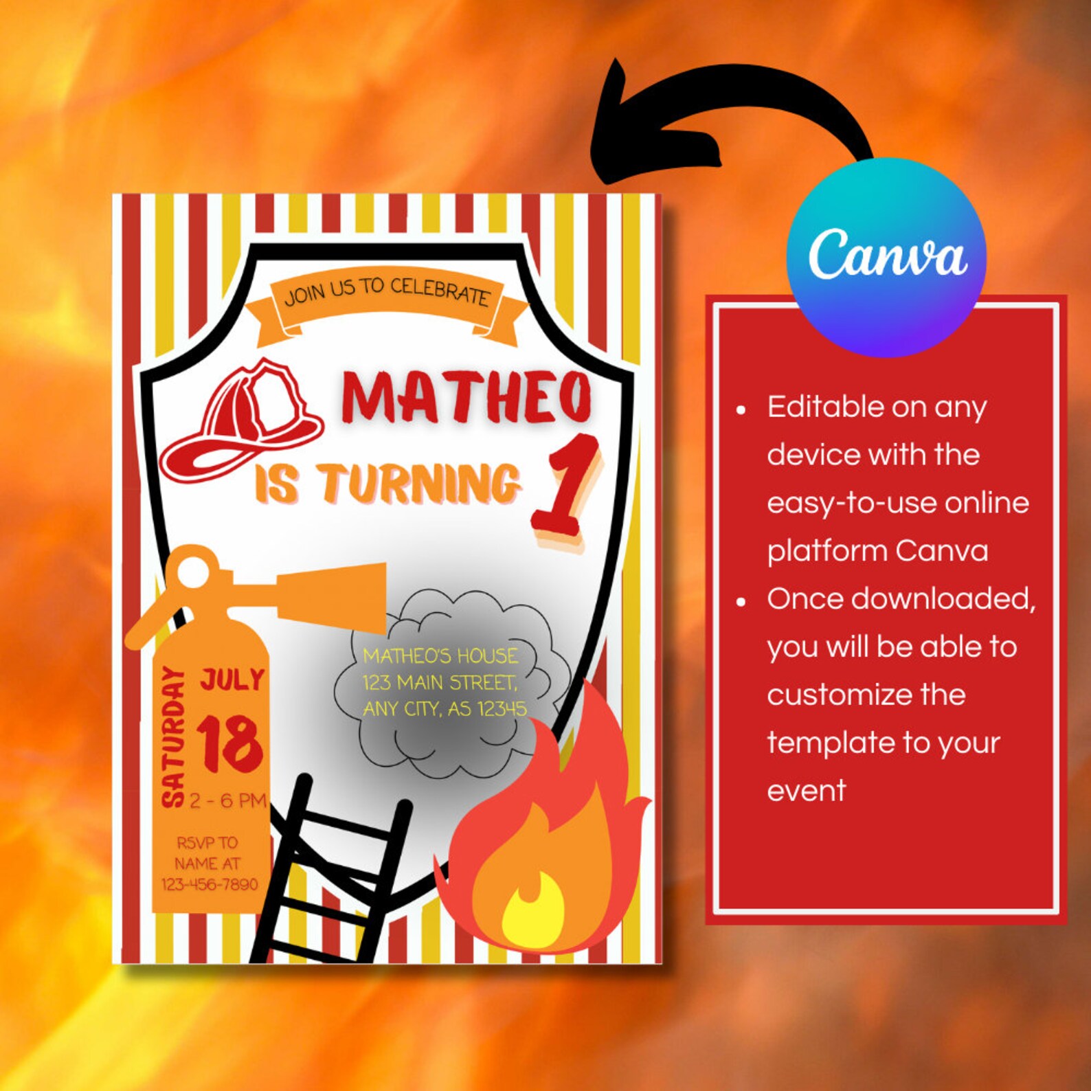 Firefighter Birthday Invitation, Digital Editable Birthday Invitation ...