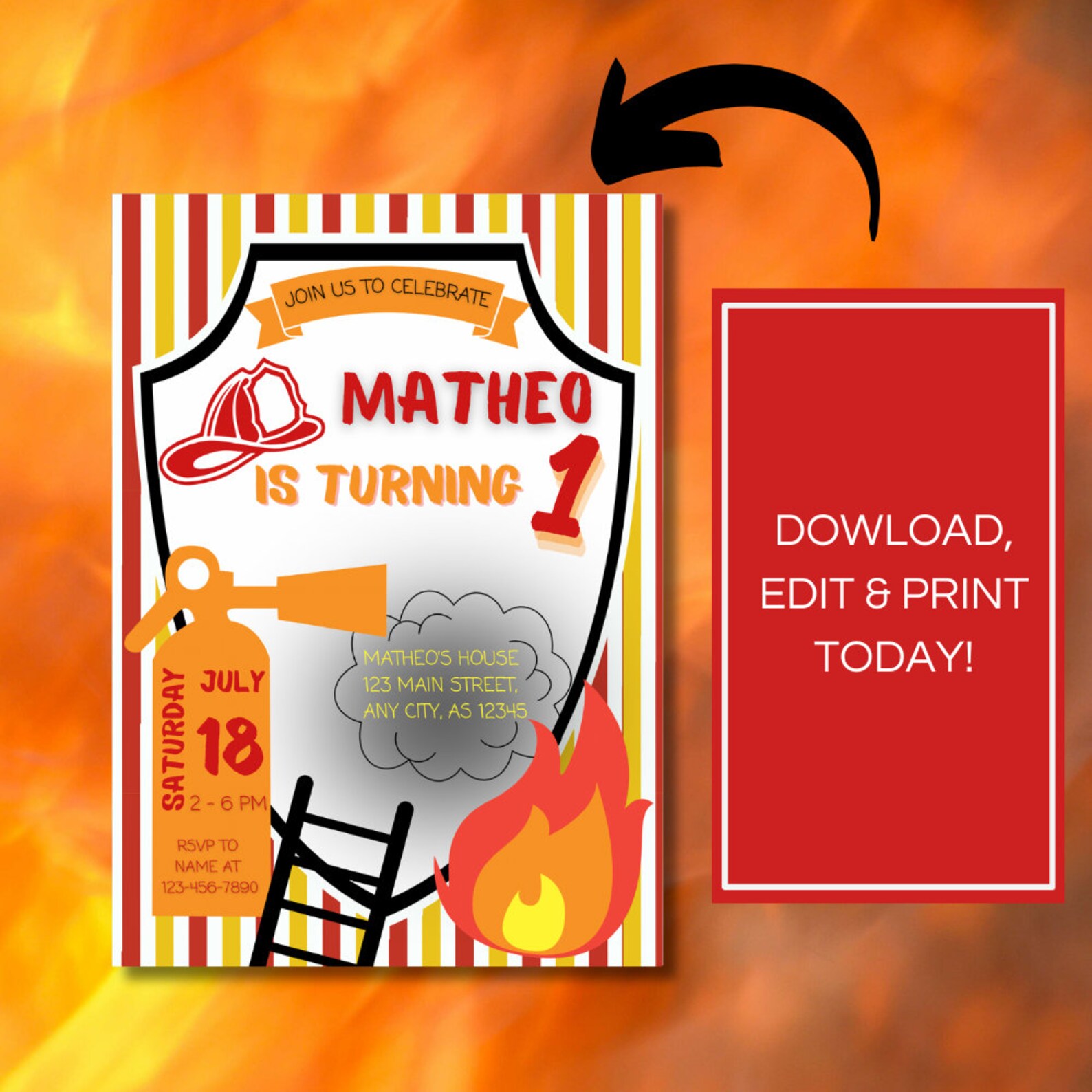 Firefighter Birthday Invitation, Digital Editable Birthday Invitation ...