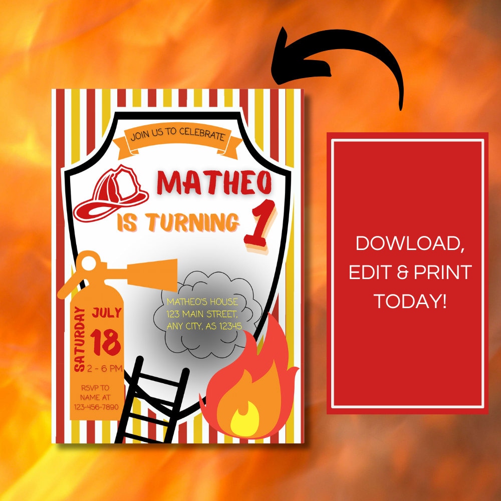 Firefighter Birthday Invitation, Digital Editable Birthday Invitation ...