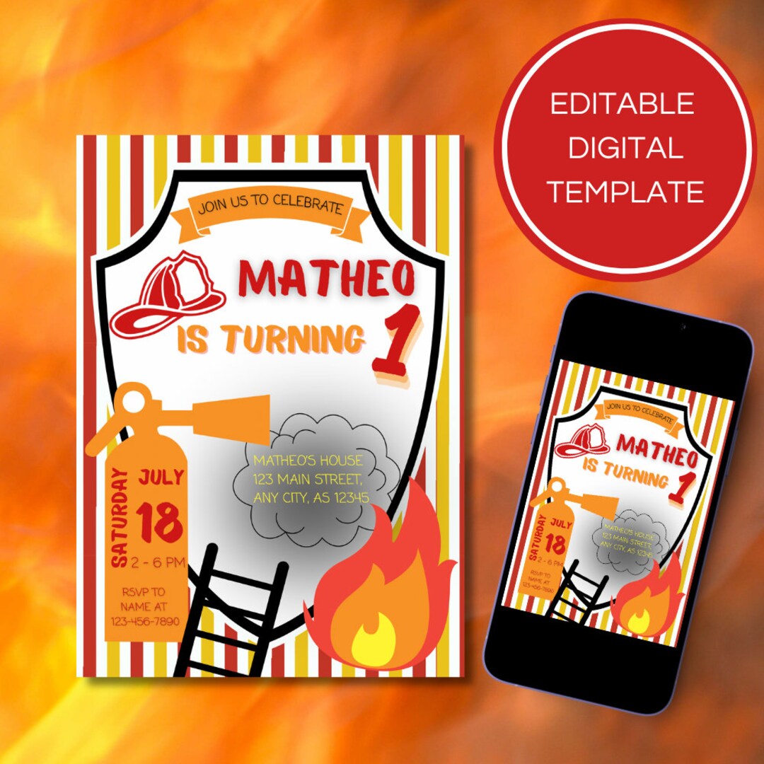 Firefighter Birthday Invitation, Digital Editable Birthday Invitation ...