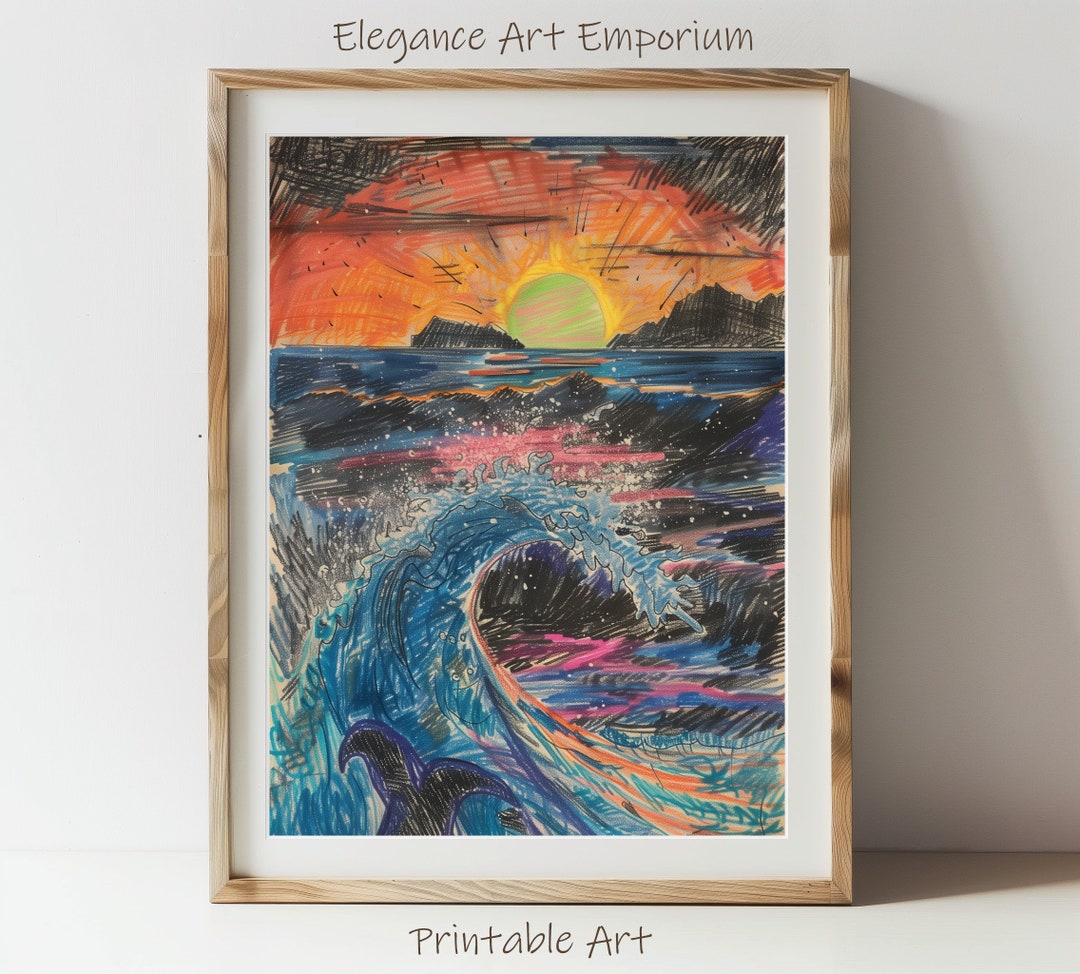 Ocean Wave Sunset Crayon Drawing With Mountains and Symmetrical Waves ...