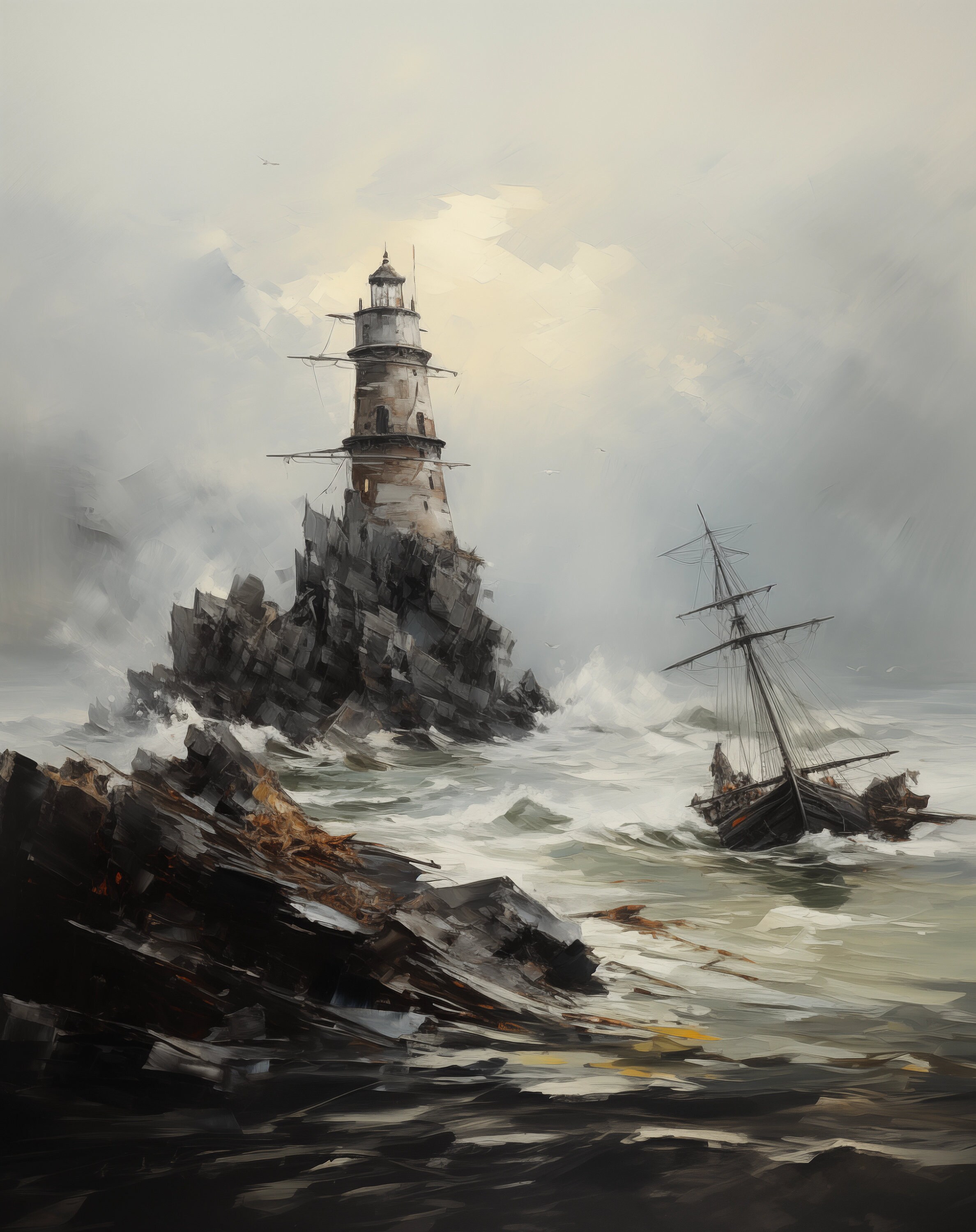 Vintage Lighthouse & Shipwreck Digital Art Maritime Oil Painting Print ...
