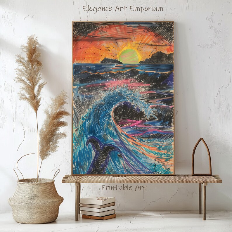 Ocean Wave Sunset Crayon Drawing With Mountains and Symmetrical Waves ...