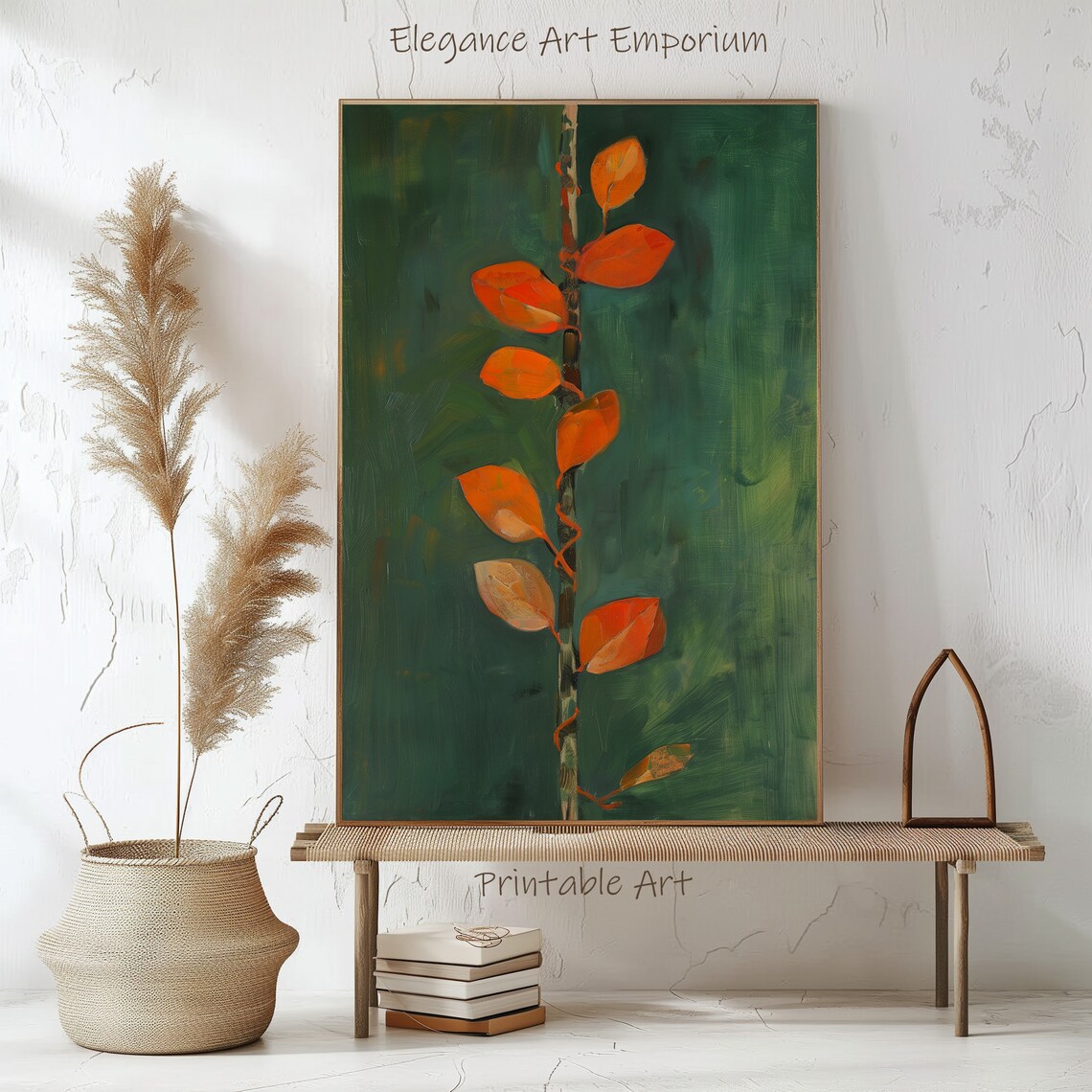 Modern Farmhouse Wall Art Tall Wooden Pole With Orange Leaves Euan ...