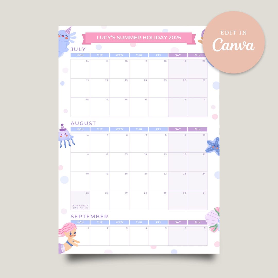 2025 UK School Summer Holiday Planner Template Pastel A4 Editable ...