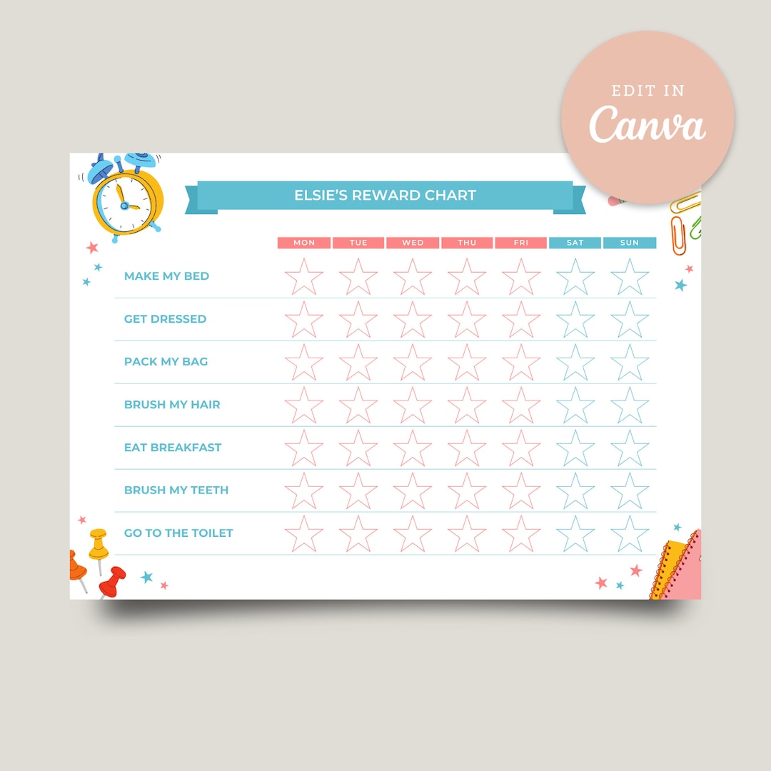 Reward Chart Kids School Stars A4 Editable Printable Canva Instant ...