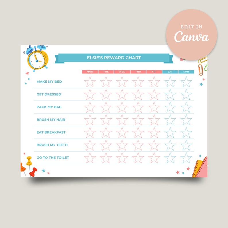 Reward Chart Kids School Stars A4 Editable Printable Canva Instant ...