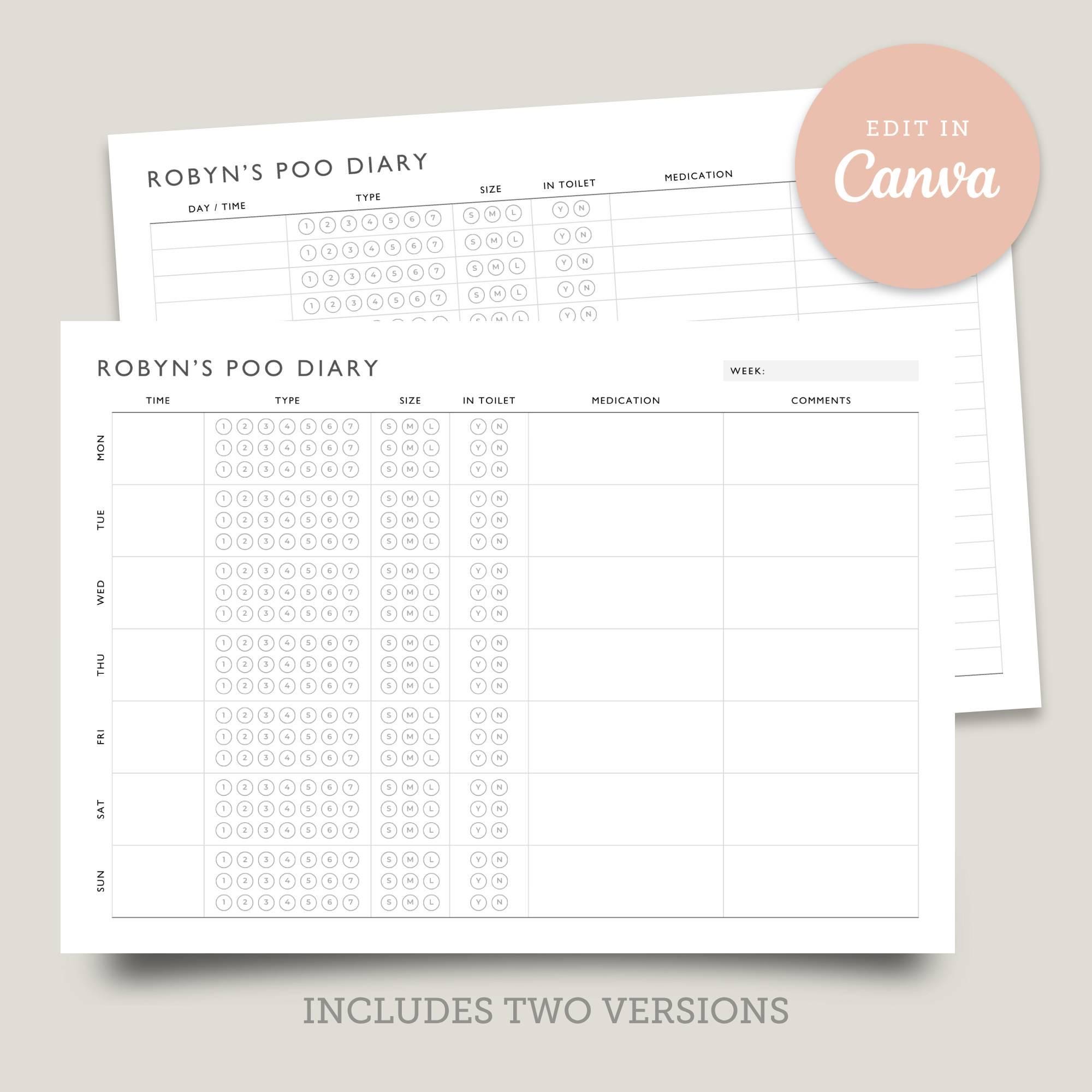 Kids Poo Stool Potty Chart Diary Record Simple Printable Editable A4 ...