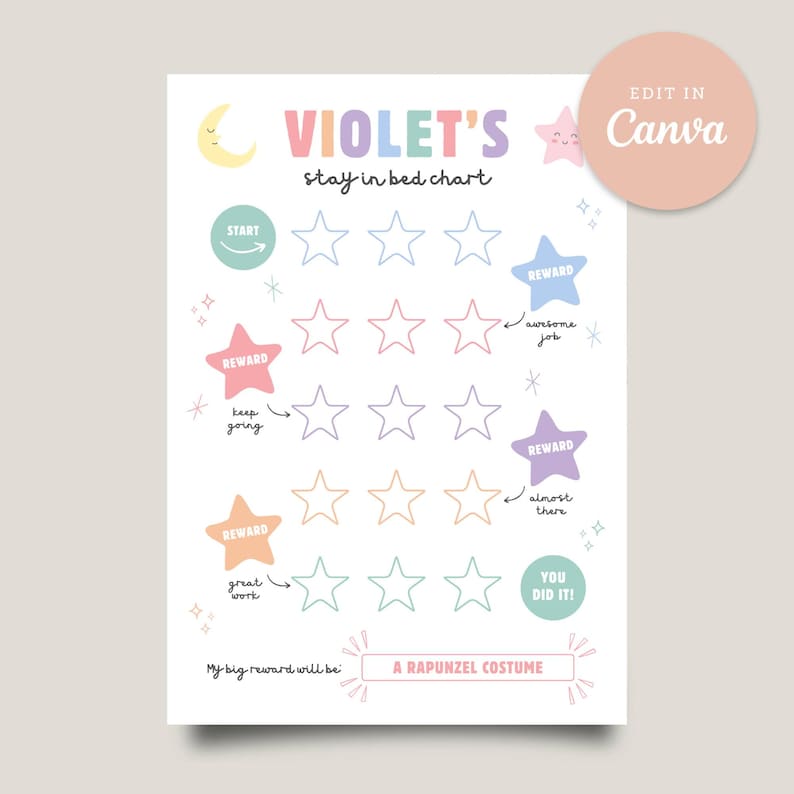 Stay in Bed Reward Star Chart Kids Bedtime Sleep Night Pastel Printable ...