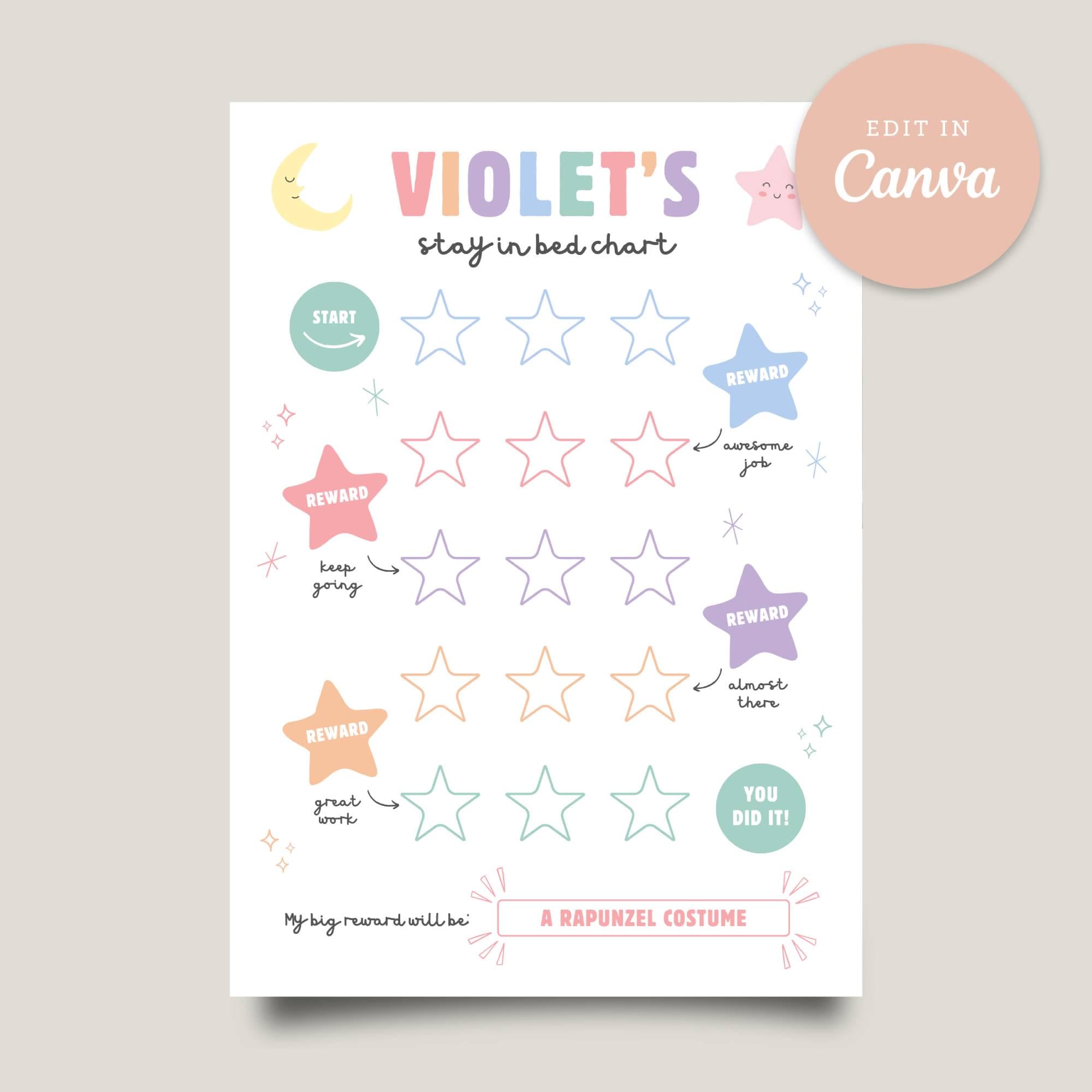 Stay in Bed Reward Star Chart Kids Bedtime Sleep Night Pastel Printable ...